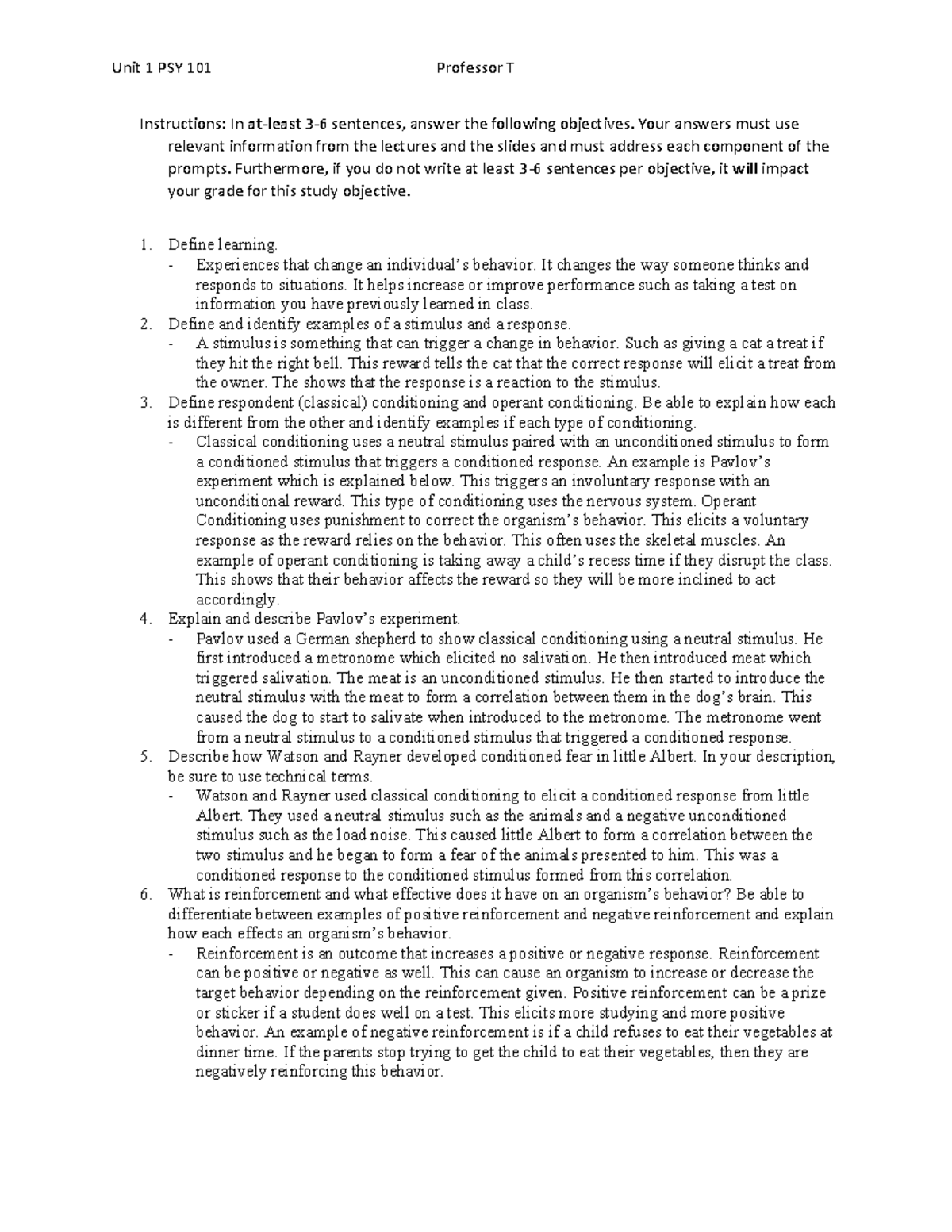 Study Objectives Unit 1- psychology - Unit 1 PSY 101 Professor T ...