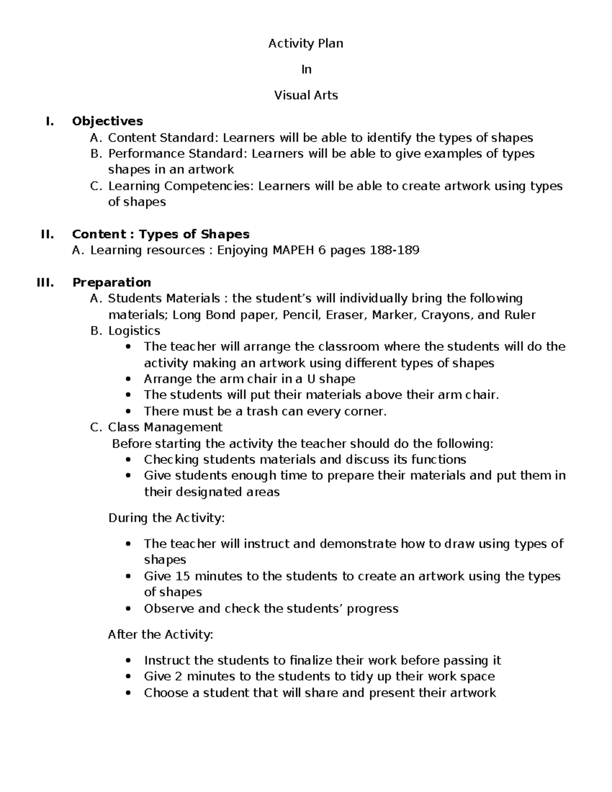 Activity Plan in Visual Arts - Activity Plan In Visual Arts I ...