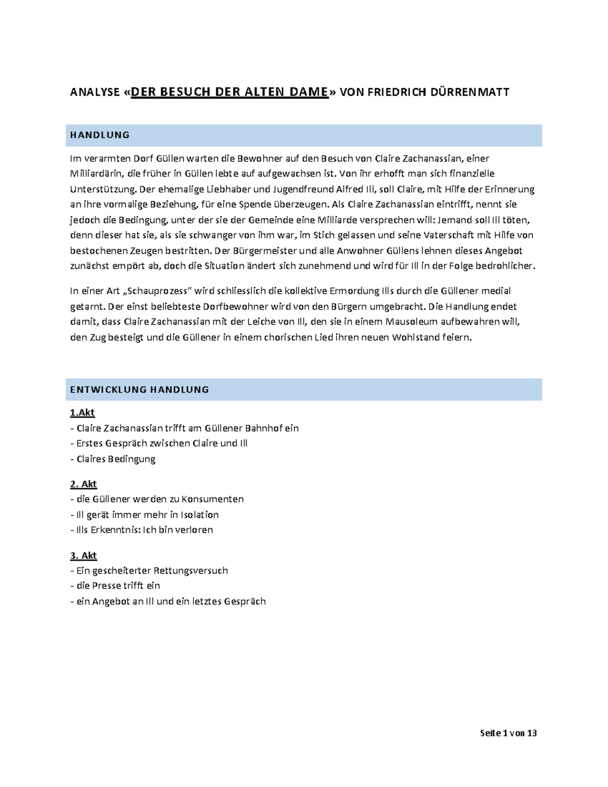 Der Besuch der alten Dame - ANALYSE «DER BESUCH DER ALTEN DAME» VON ...