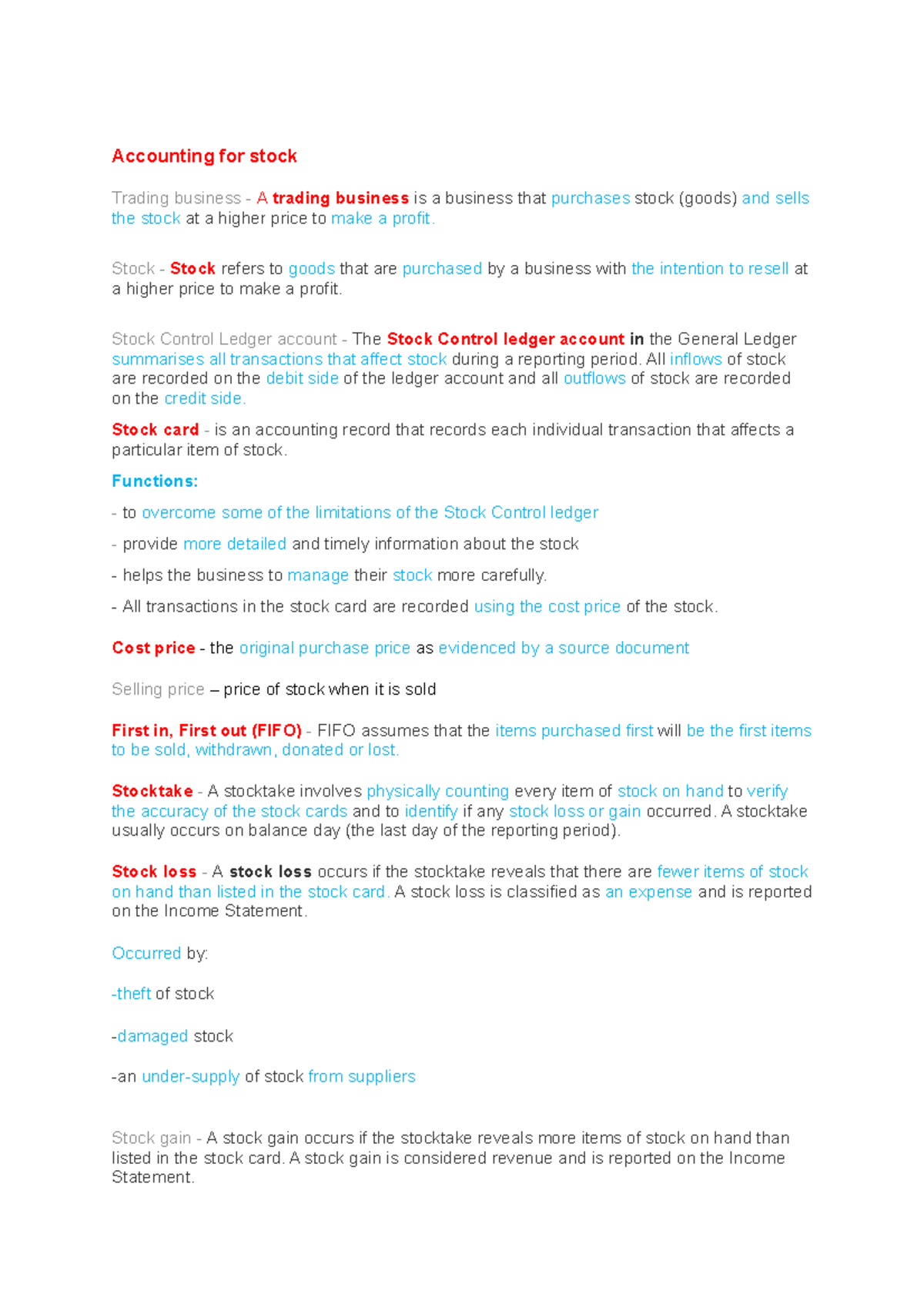 Chapter 2v Accounting for stock - Accounting for stock Trading business ...