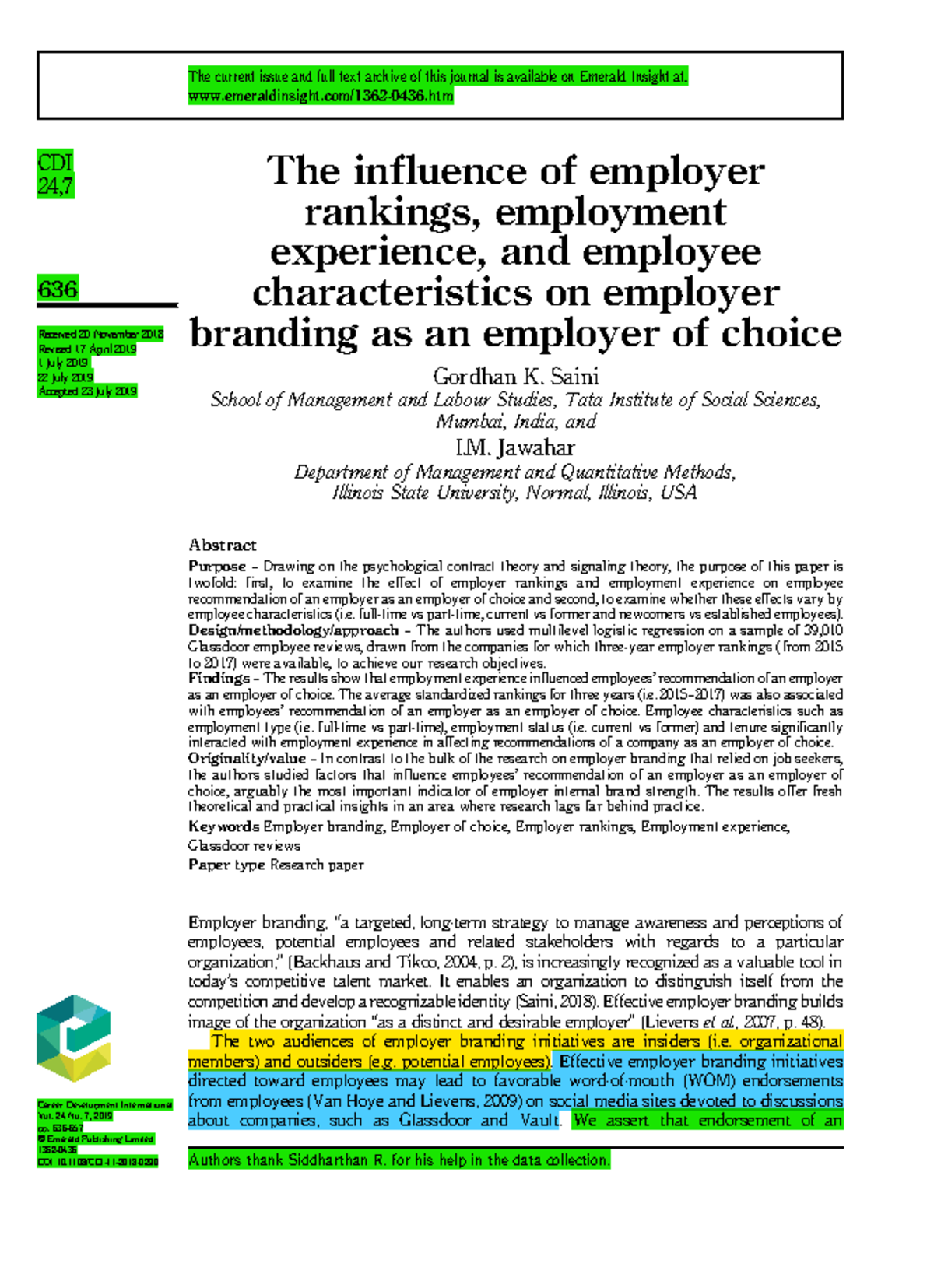 The influence of employer rankings, employment experience, and employee ...