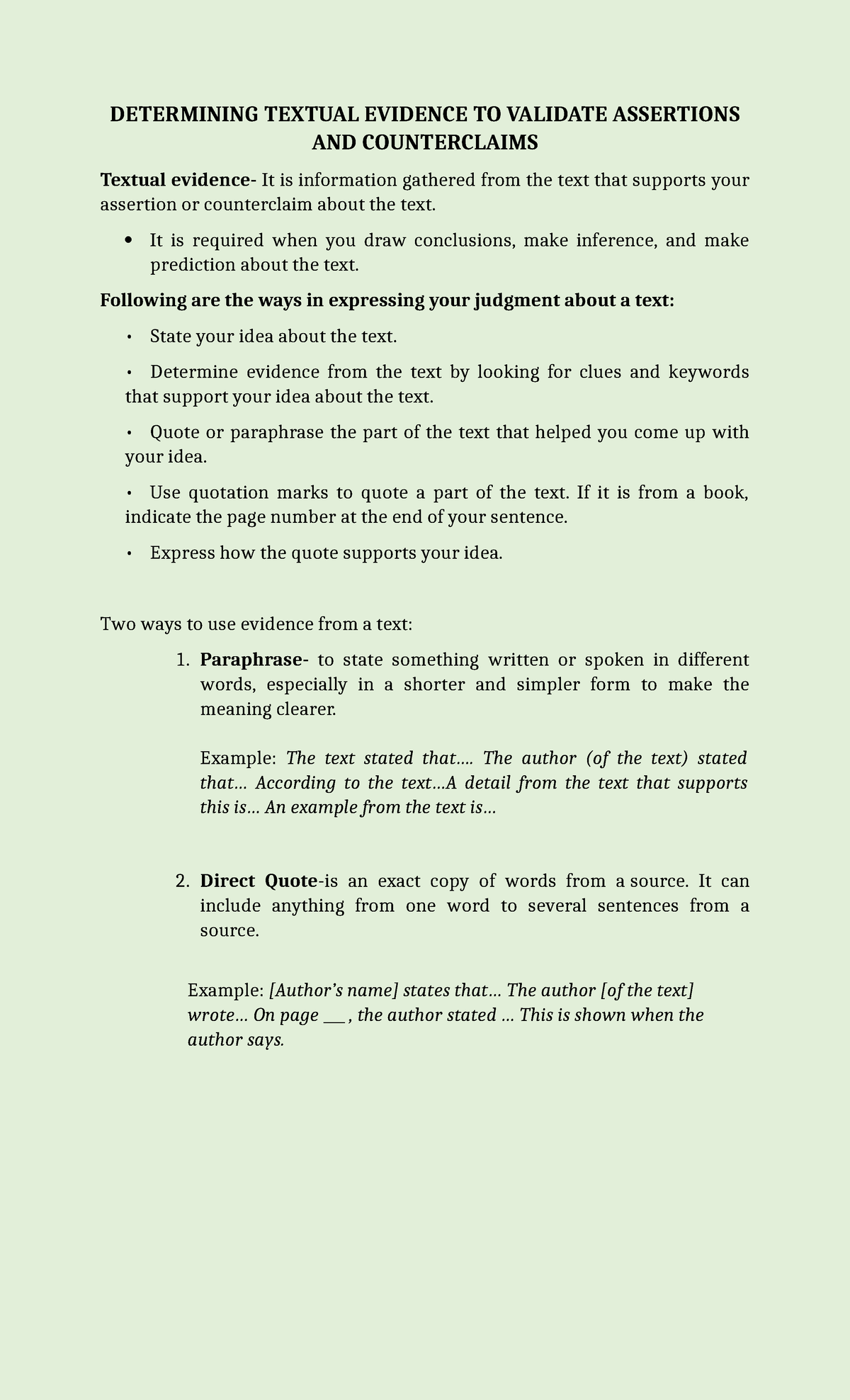 Determining Textual Evidence TO Validate Assertions AND Counterclaims ...