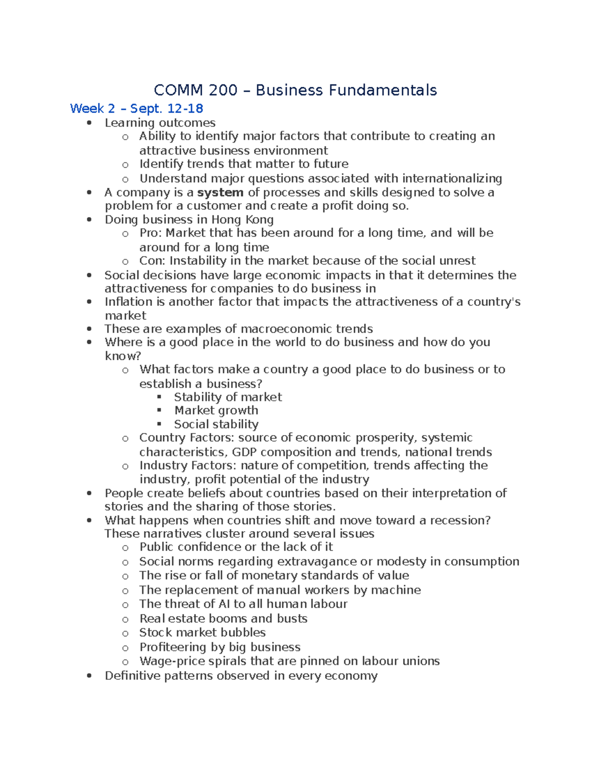 COMM 200 - Week 1 - Week 1 Lecture Notes: Introduction to Business ...