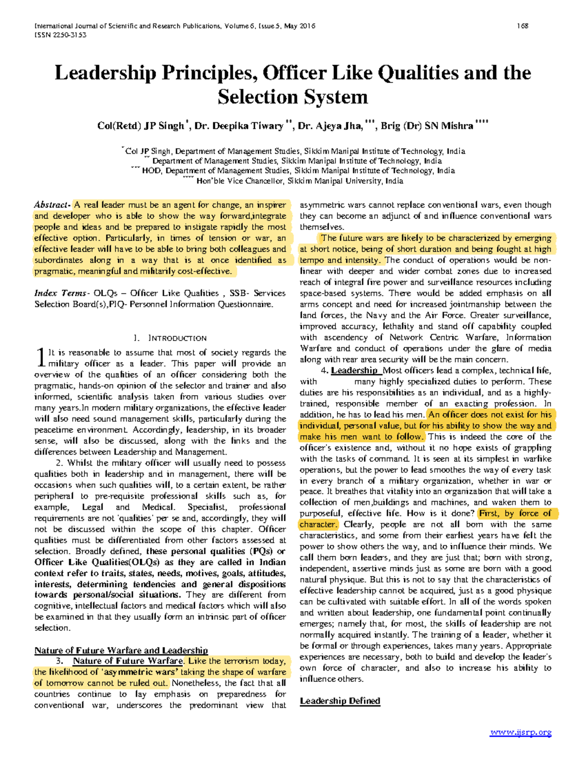 OLQs explained - OLQs of Defence personal - ISSN 2250- Leadership ...