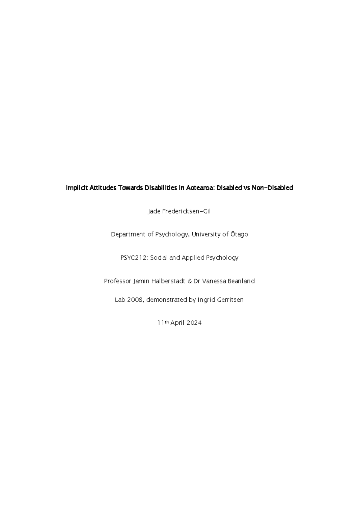 PSYC212 Lab report B+ - Implicit Attitudes Towards Disabilities in ...