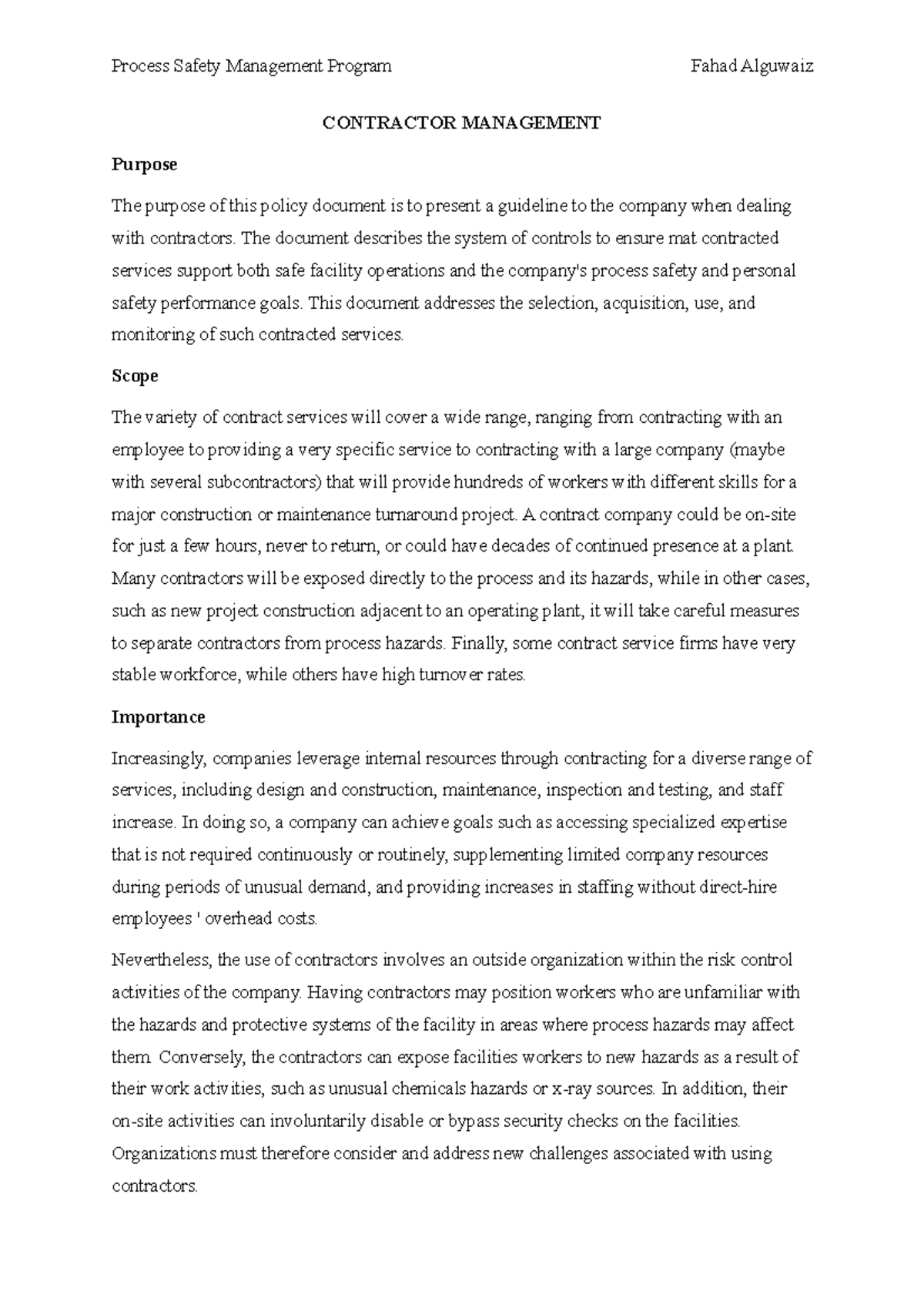 PSM 4 - Contractors - CONTRACTOR MANAGEMENT Purpose The purpose of this ...