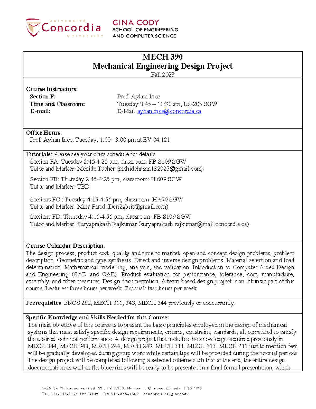 Course Outline - MECH 3 90 Mechanical Engineering Design Project Fall ...