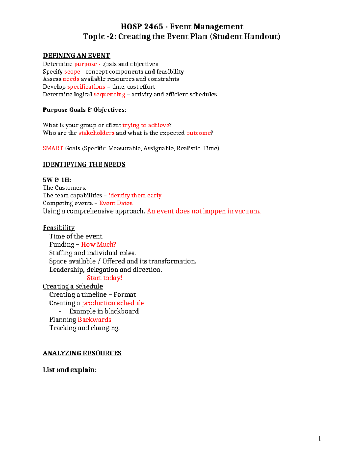 HOSP 2465 Topic - 2 Handout - HOSP 2465 - Event Management Topic -2 ...