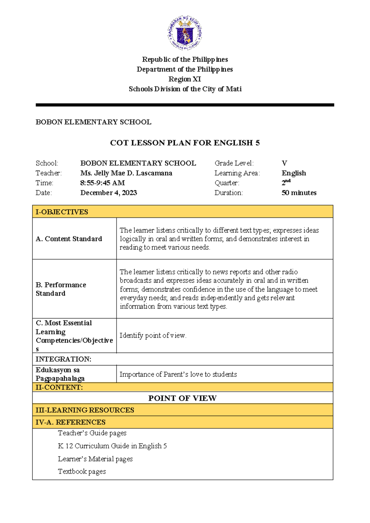 COT English 5 (2nd Quarter) - Republic of the Philippines Department of ...