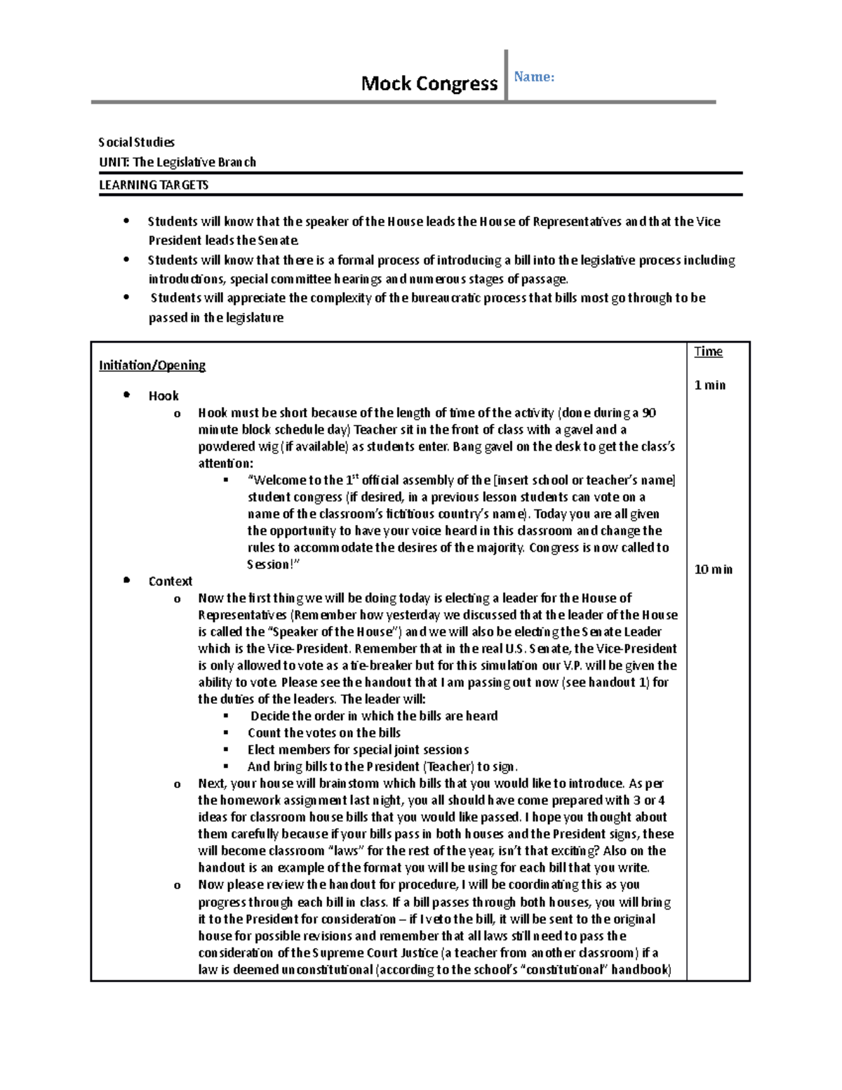 Mock Congress Legislative Government Lesson Plan-1 - Mock Congress Name ...