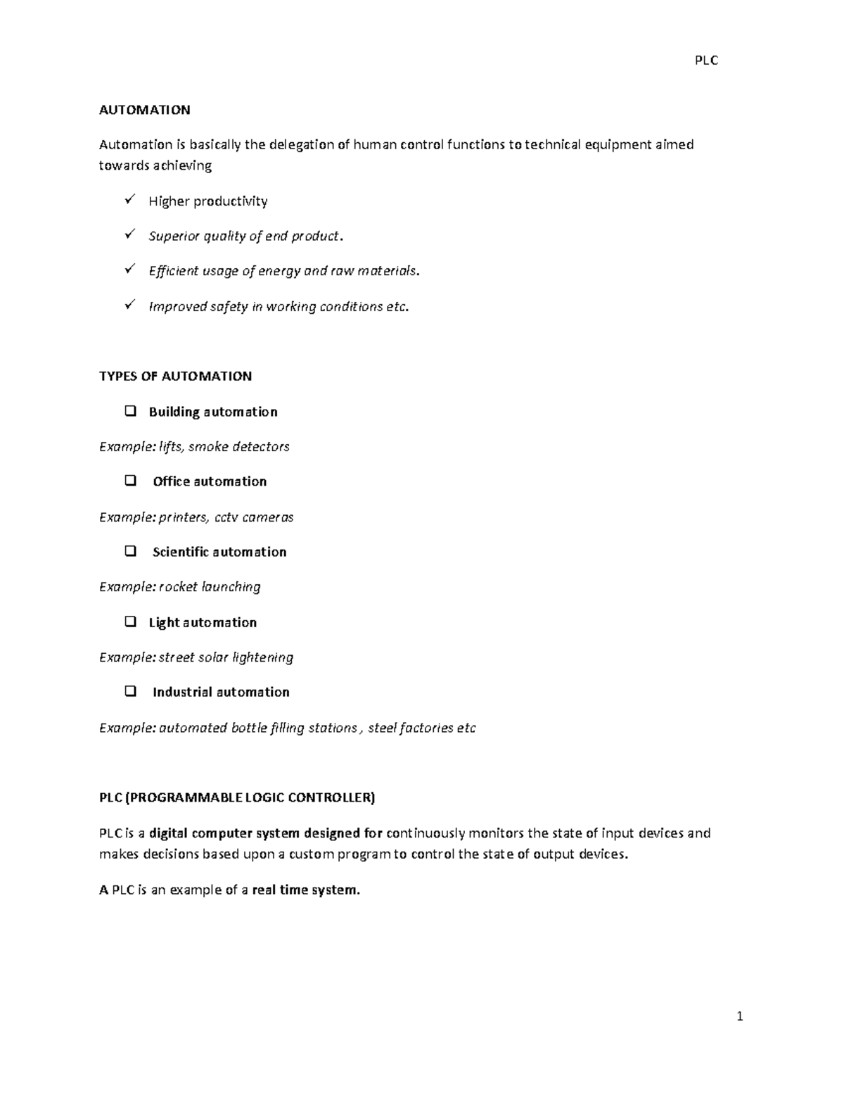 PLC note - PLC notes - AUTOMATION Automation is basically the ...