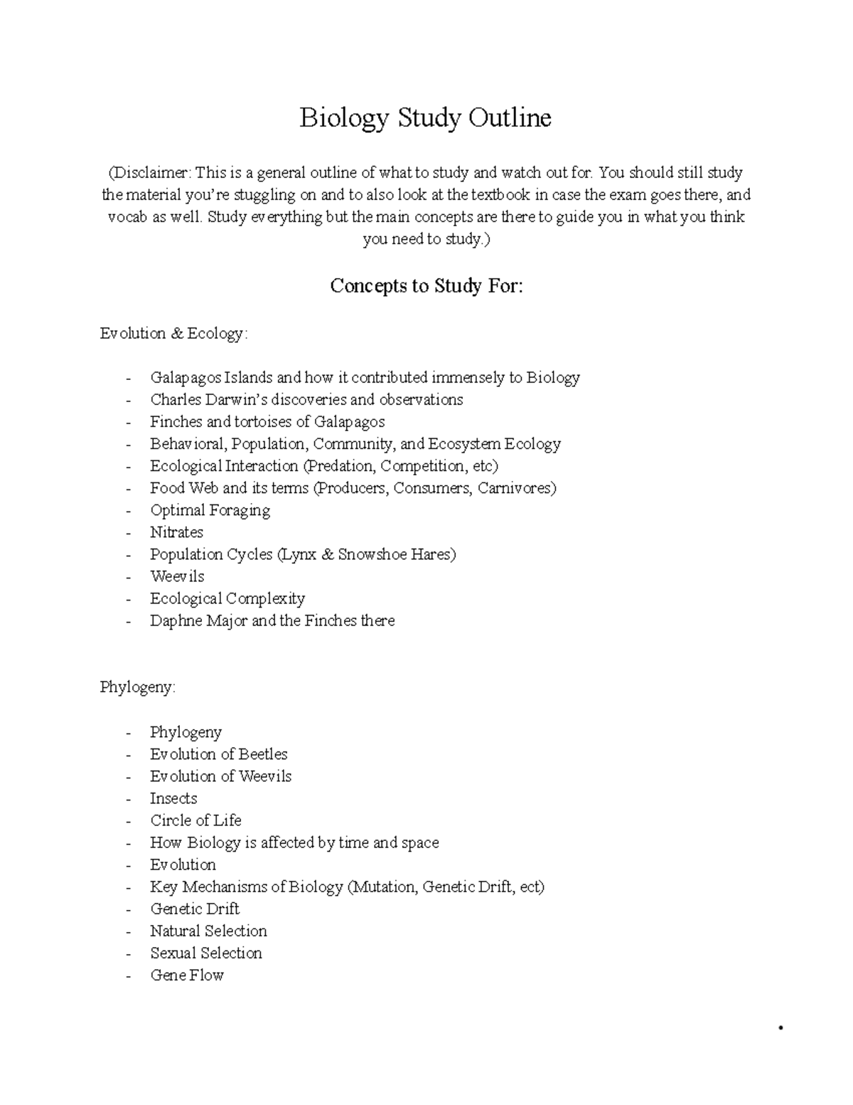 Copy of BIOL-111-001 Study Midterm Outline - BIO111 - McGill - Studocu