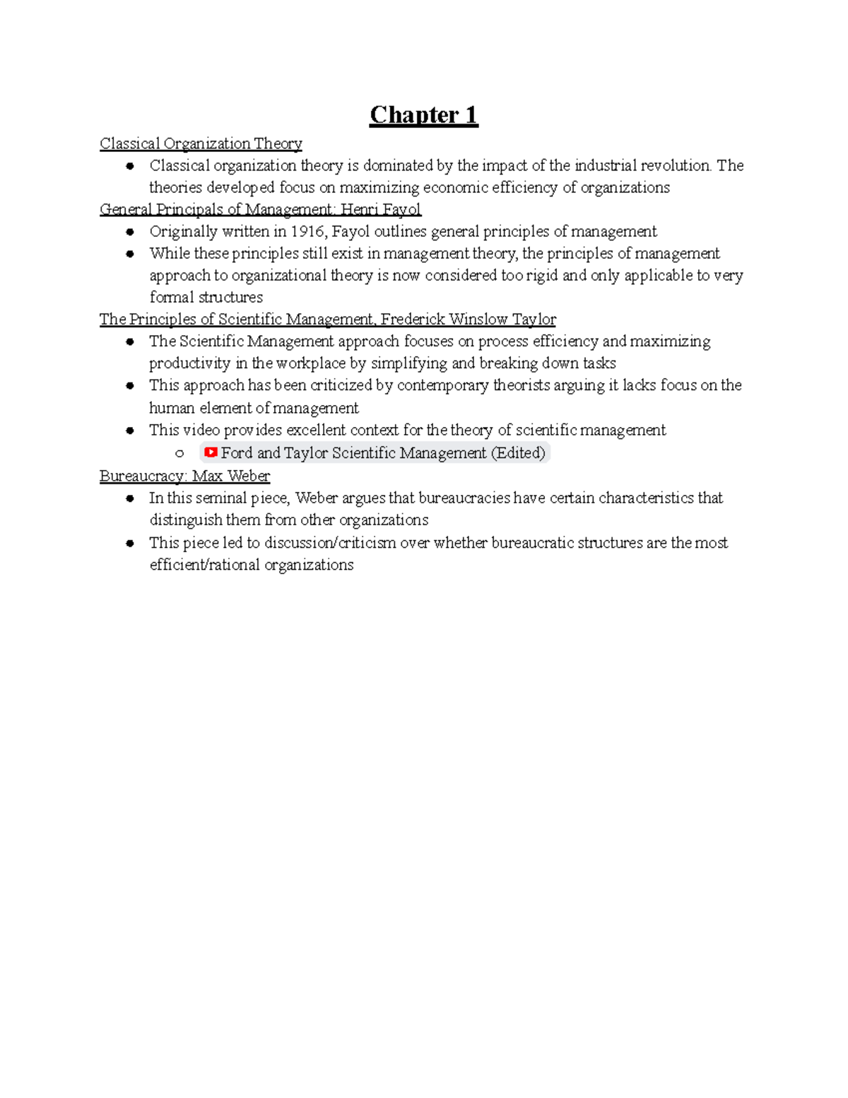 Org. Behavior - Chapter 1 Notes - Chapter 1 Classical Organization ...