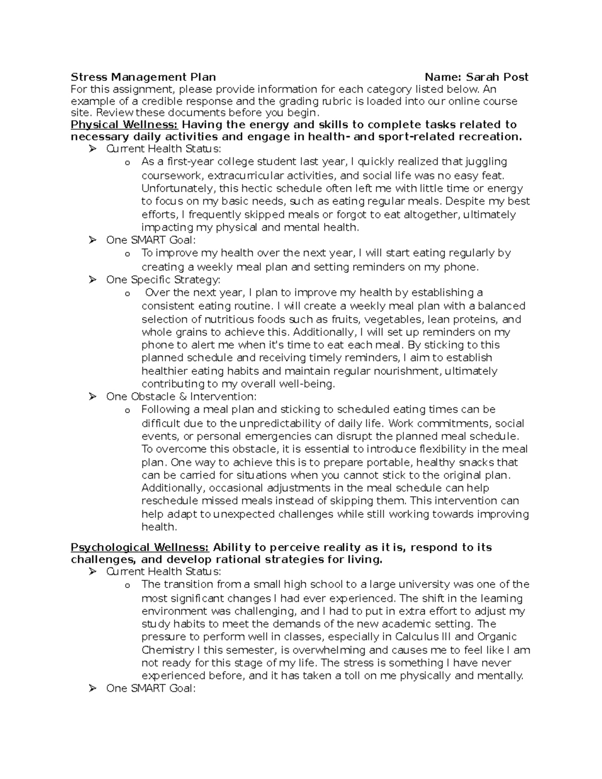 Stress Management Plan - KIN 108 - Stress Management Plan Name: Sarah ...