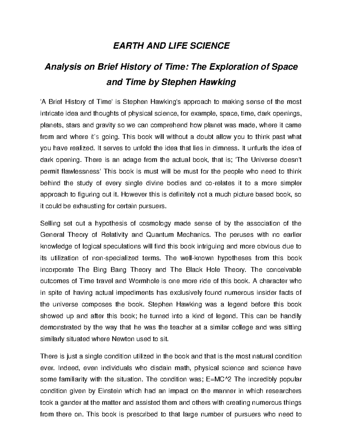 Analysis on Brief History of Time The Exploration of Space and Time by ...