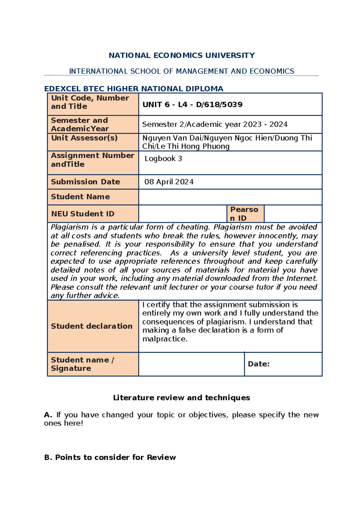 Logbook 3 Draft Review and technique - NATIONAL ECONOMICS UNIVERSITY ...