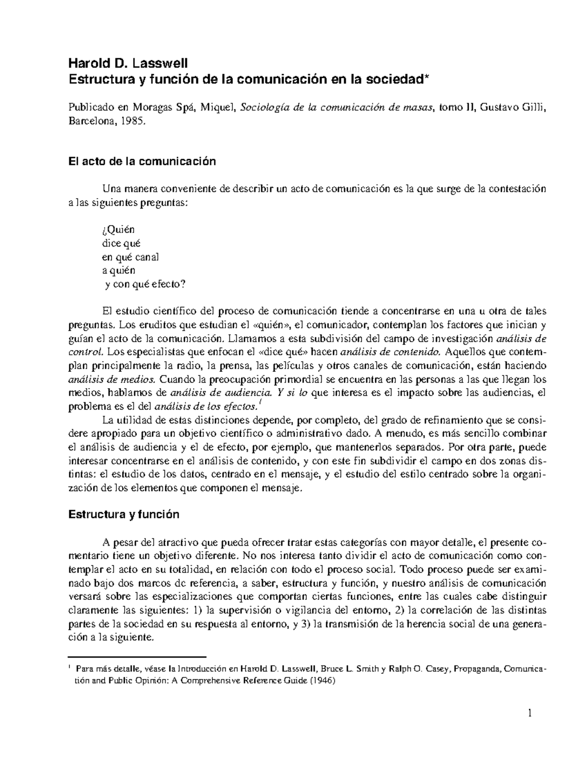 1.4 Lasswell y las 5w - Harold D. Lasswell Estructura y función de la ...