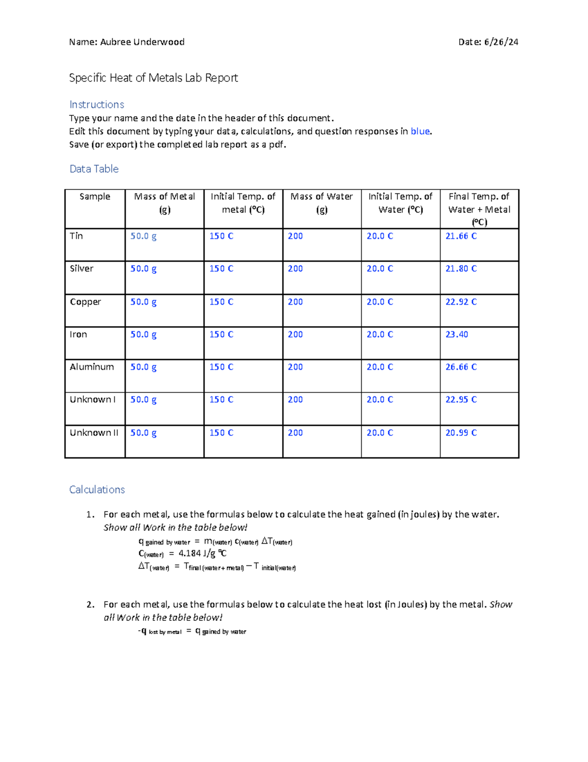Lab 6 - Lab 6 report - Specific Heat of Metals Lab Report Instructions ...