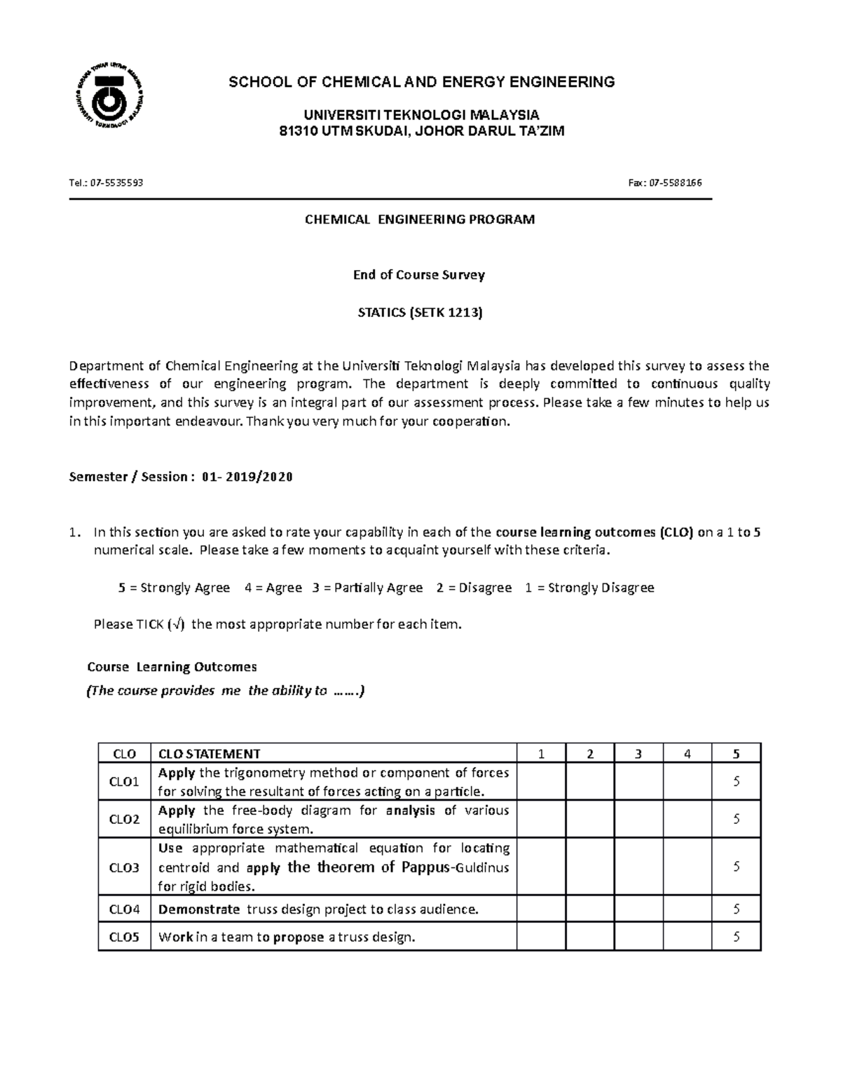 Statics course exit survey - Tel.: 07-5535593 Fax: 07- CHEMICAL ...