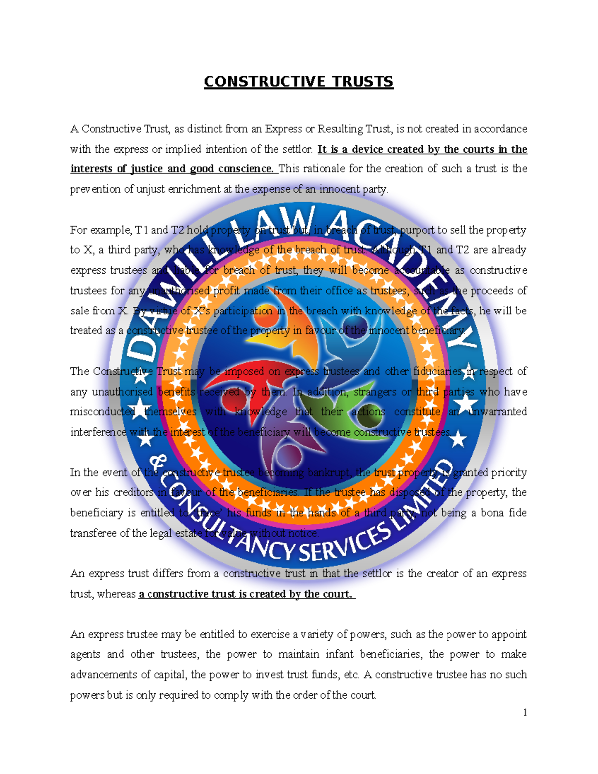 Constructive Trusts notes - CONSTRUCTIVE TRUSTS A Constructive Trust ...