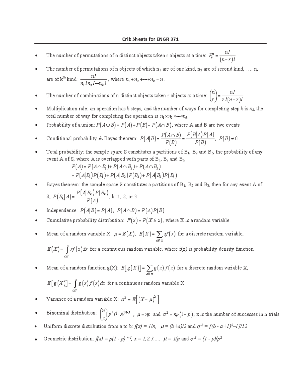 Crib Sheets - Midterm - crib sheet - ƌŝď ^ŚĞĞƚƐ ĨŽƌ E'Z ϯϳϭ x - Studocu