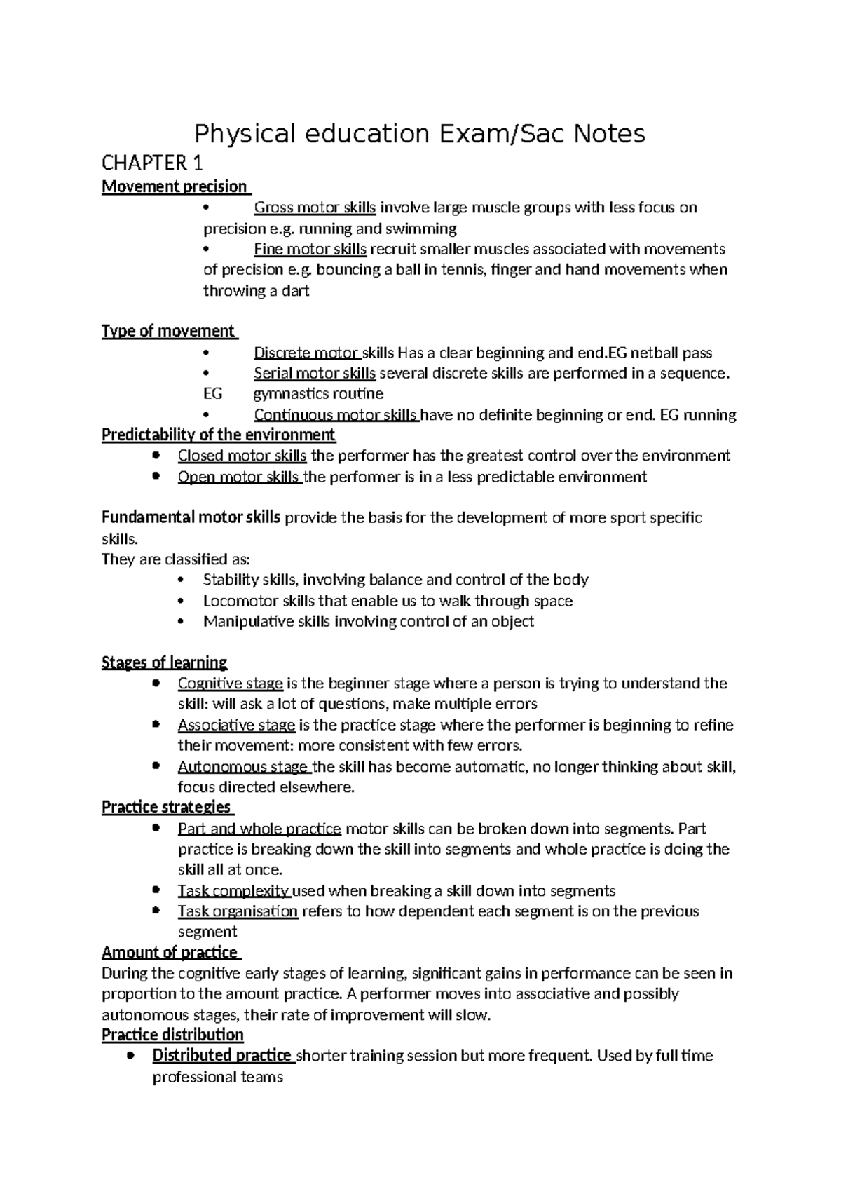 Physical education Exam - running and swimming Fine motor skills ...