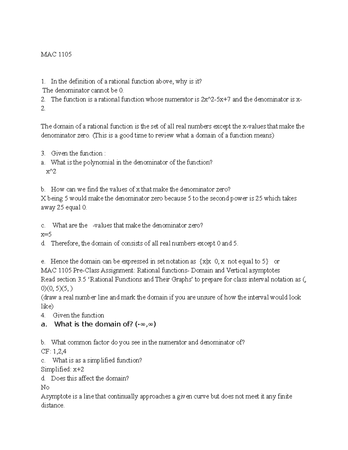 MAC 1105 - Assignment about domain, functions, denominator, and asymptote. - MAC 1105 In the ...