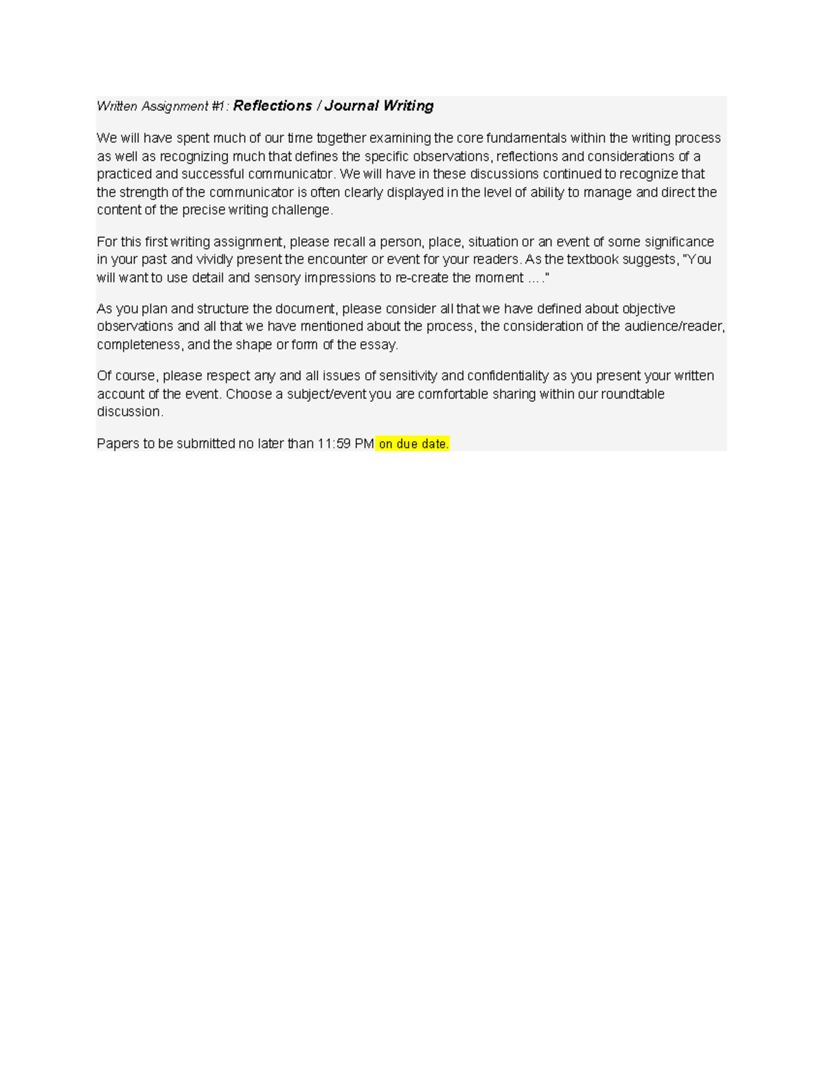 Written Assignment #1 Reflections Journal Writing - Written Assignment #1: Reflections / Journal ...