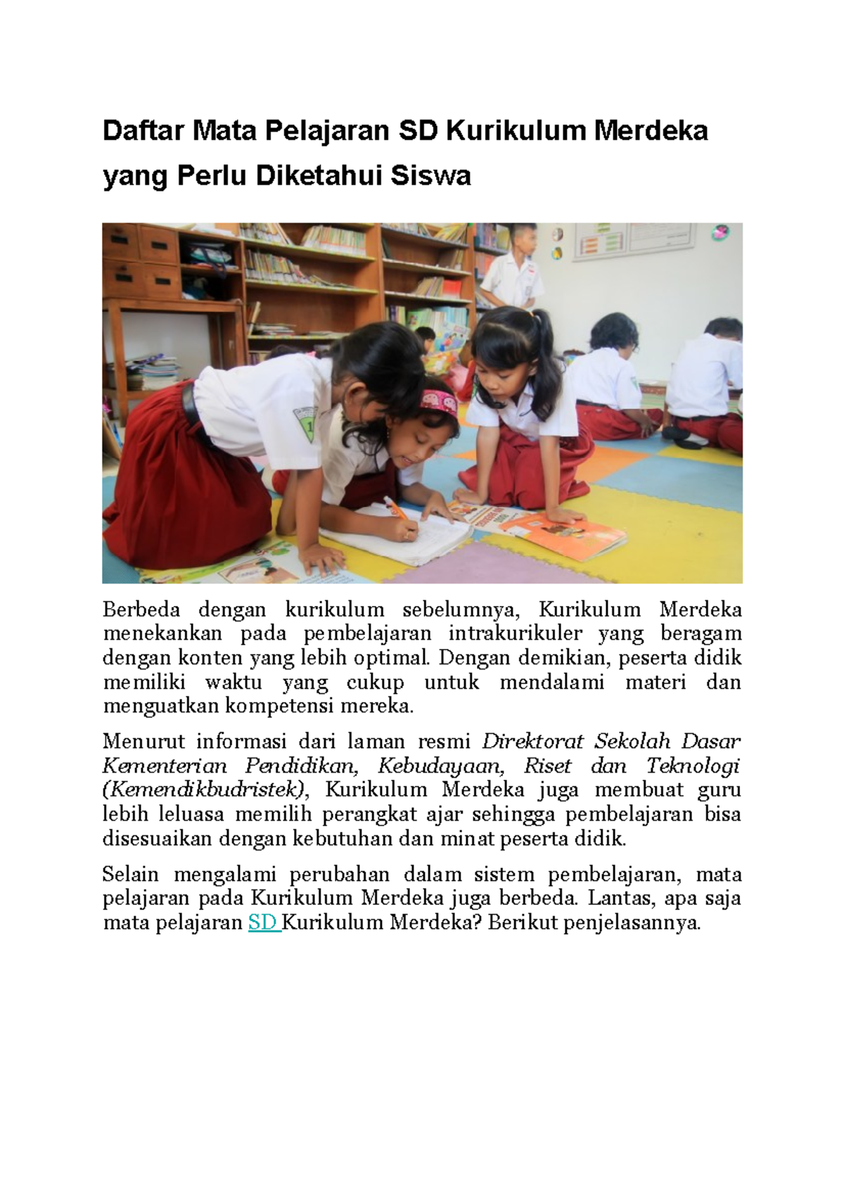 Materi Kurikulum merdeka - Daftar Mata Pelajaran SD Kurikulum Merdeka ...