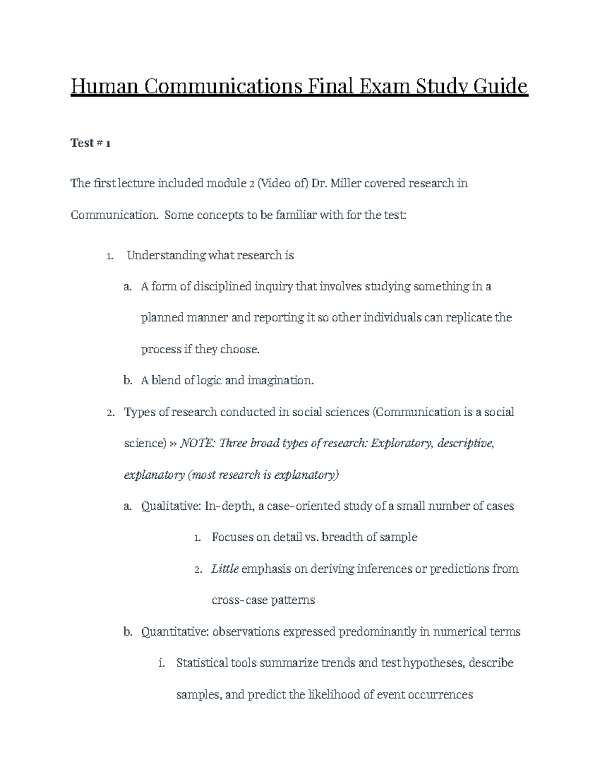 Human Communications Final Exam Study Guide - Miller covered research ...