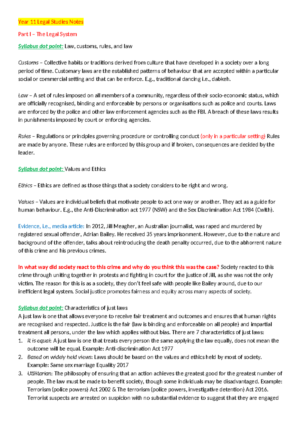 Year 11 legal notes - Year 11 Legal Studies Notes Part I – The Legal ...