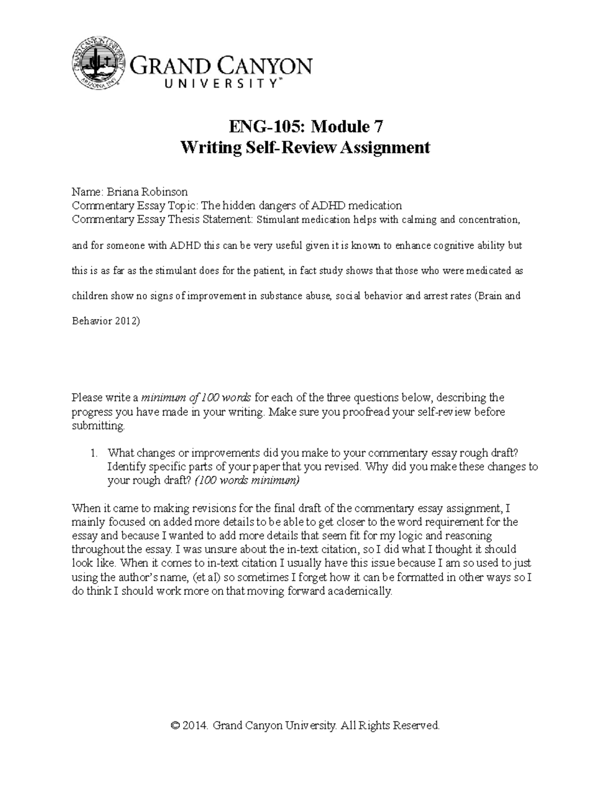 ENG 105 RS Self Review Assignment - ENG-105: Module 7 Writing Self-Review Assignment Name ...