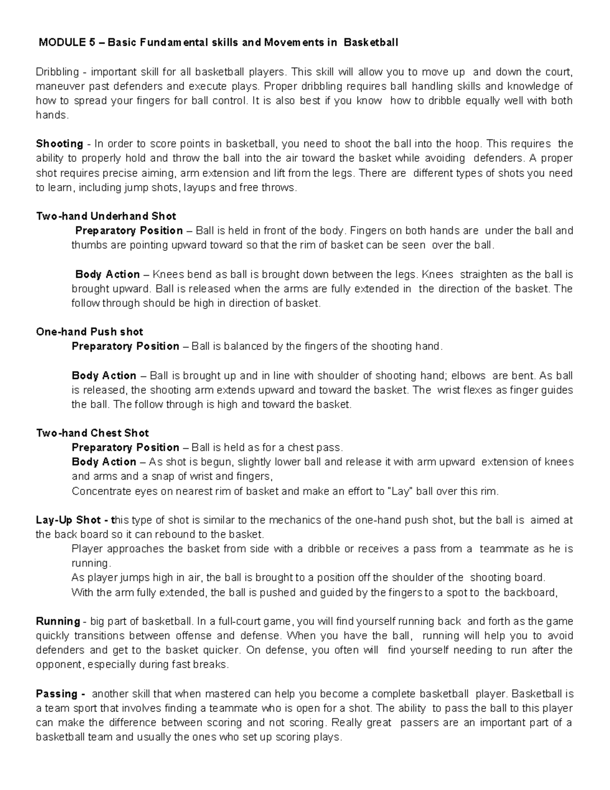 PE4 Module Reviewer - NOTHING - MODULE 5 – Basic Fundamental skills and Movements in Basketball ...