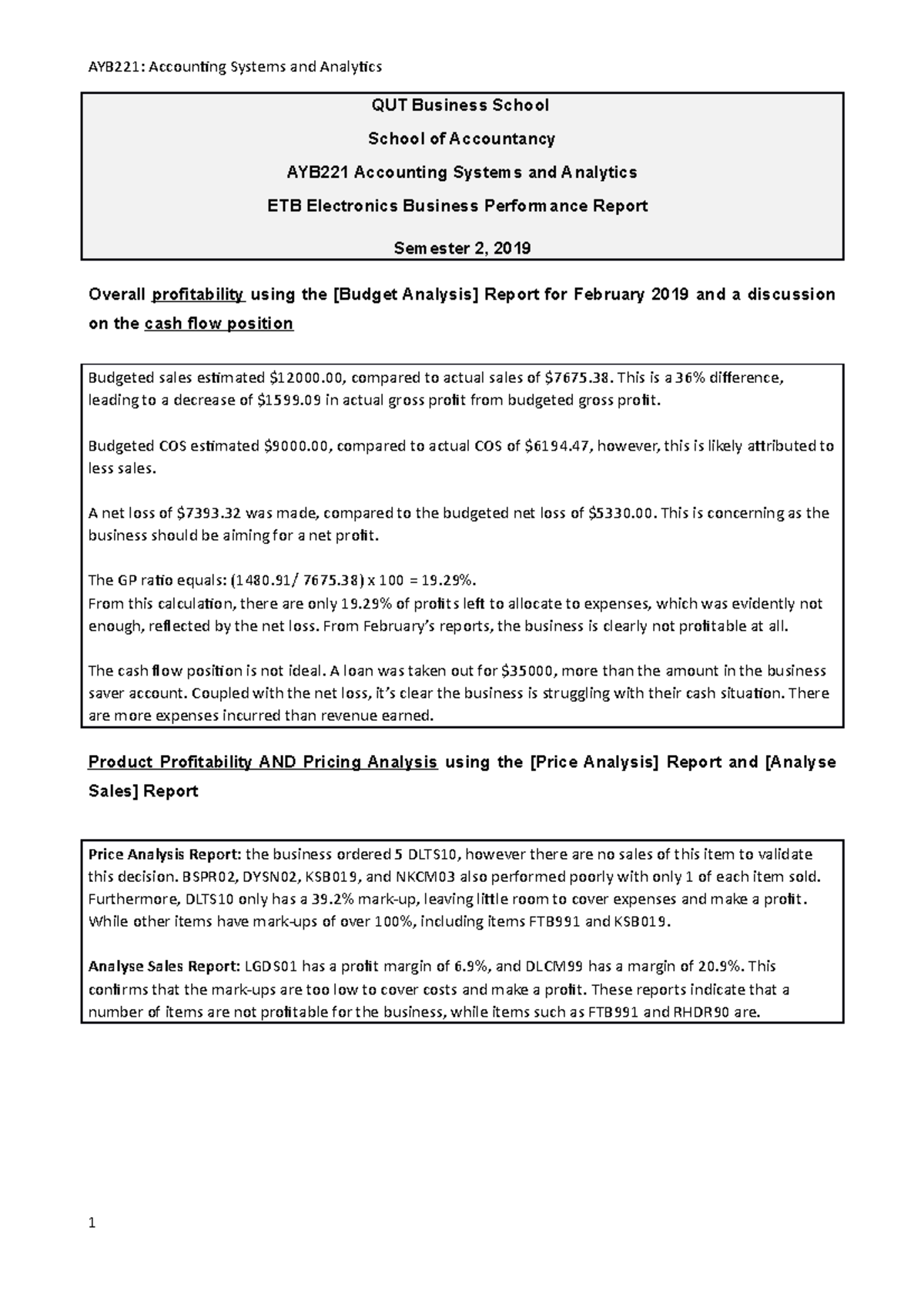 Accounting Systems and Analytics Business Performance Report - Studocu