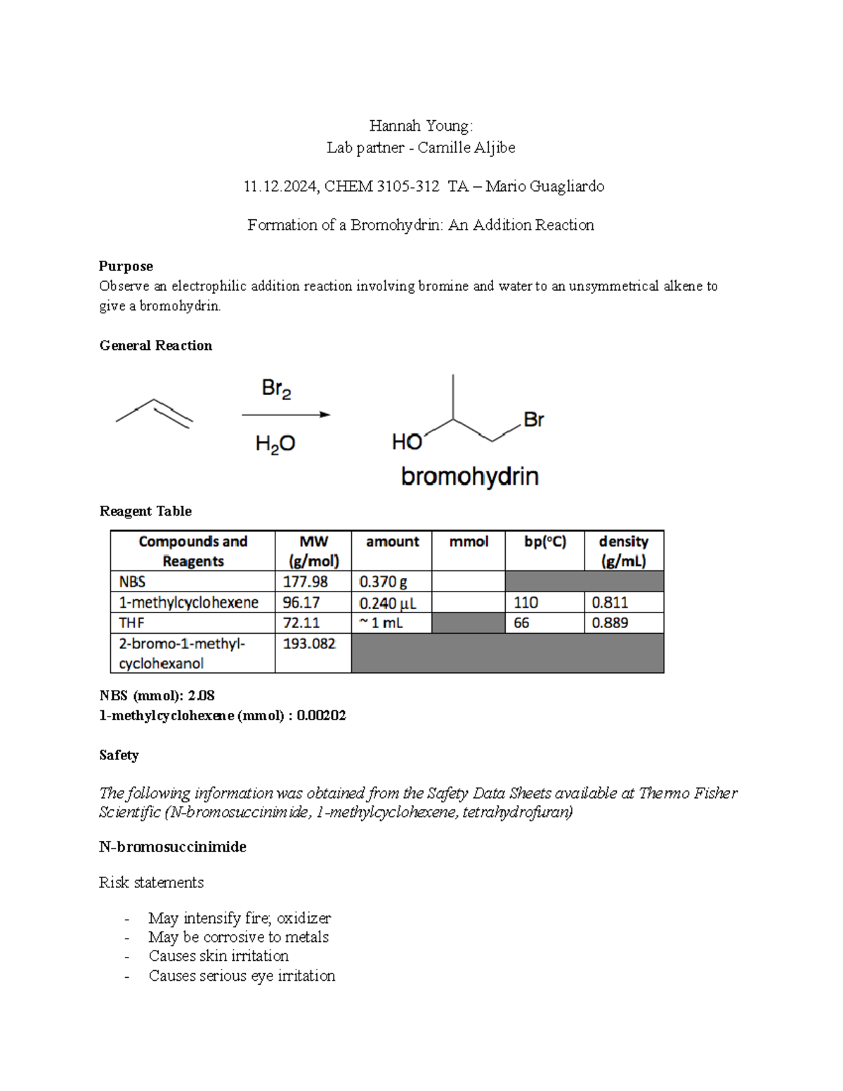 Organic Chemistry Lab Report 11 - Hannah Young: Lab partner - Camille ...