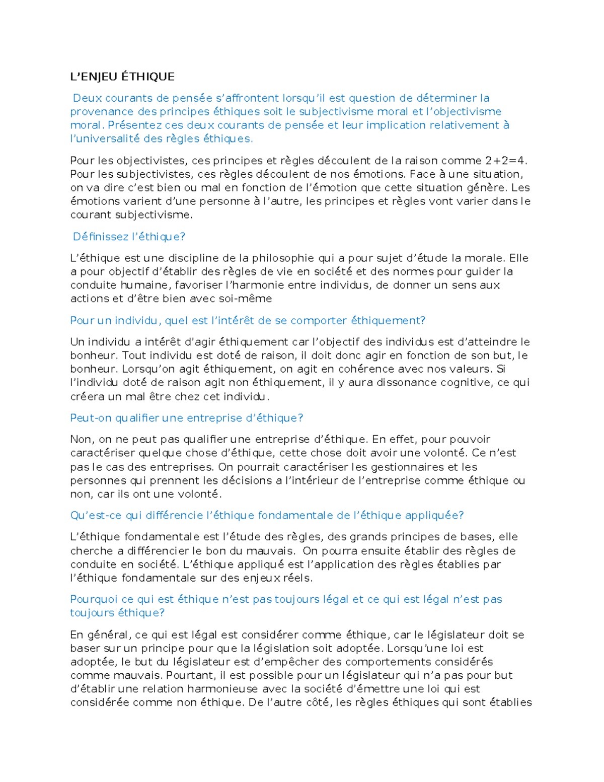 Questions de révision - L’ENJEU ÉTHIQUE Deux courants de pensée s ...