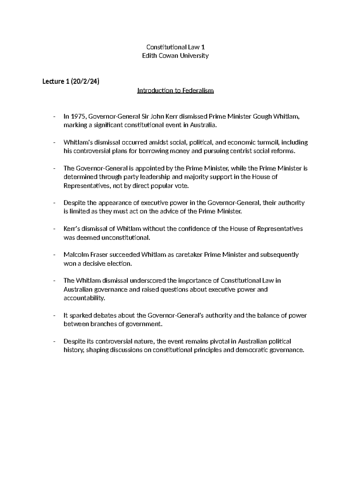 LAW2104 Semester Notes - Constitutional Law 1 Edith Cowan University ...