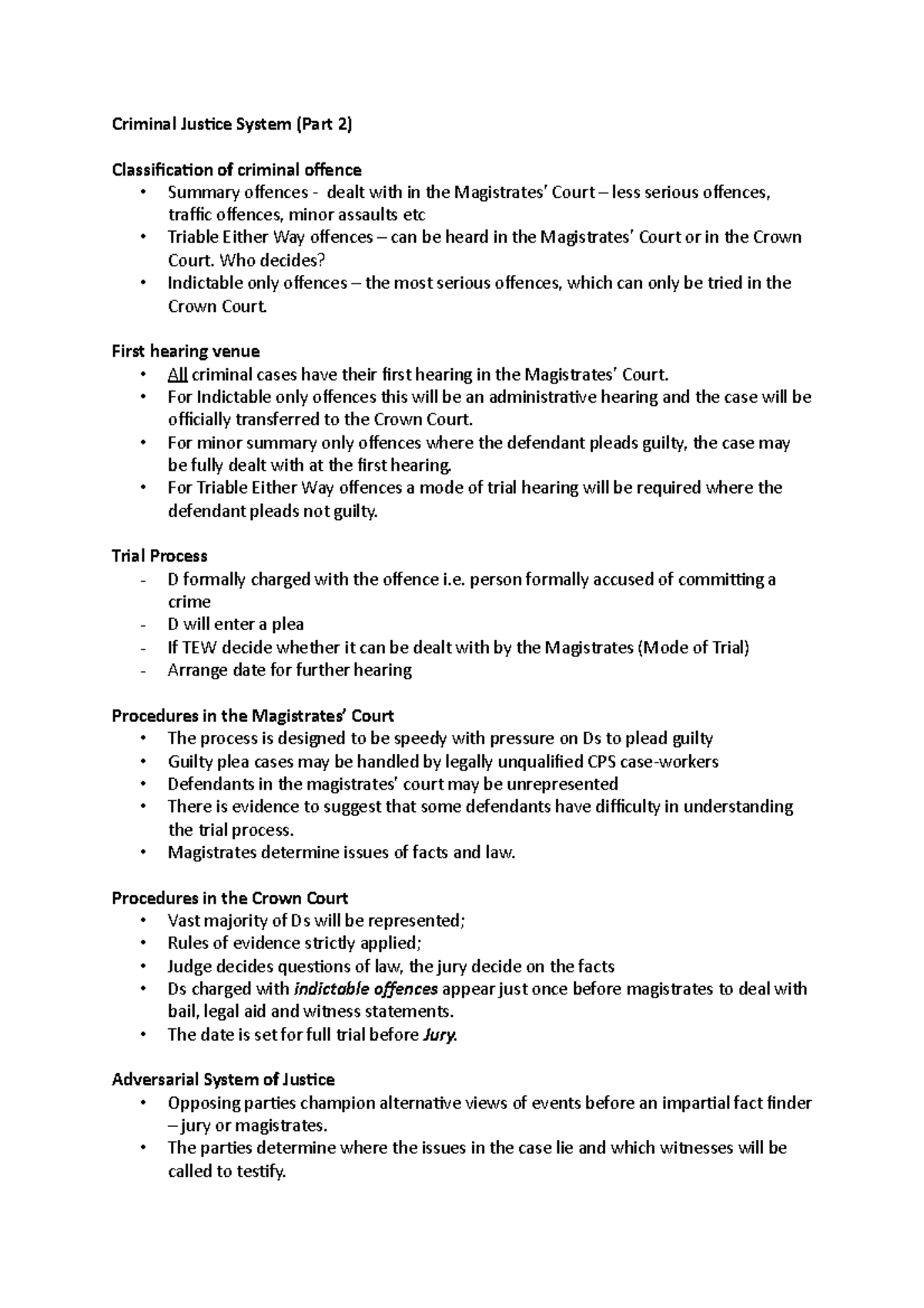Criminal Justice System Classification of Offences and Trial Process ...