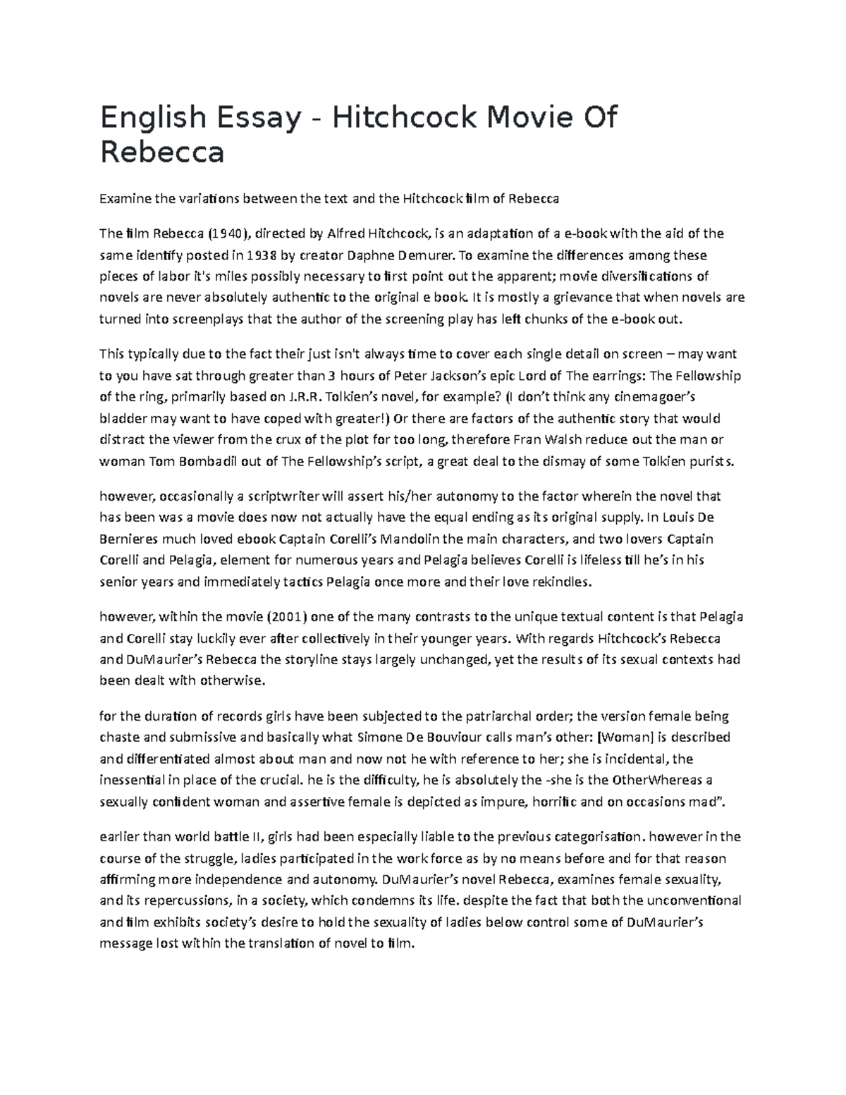 English Essays - Hitchcock Movie Of Rebecca - English Essay - Hitchcock ...