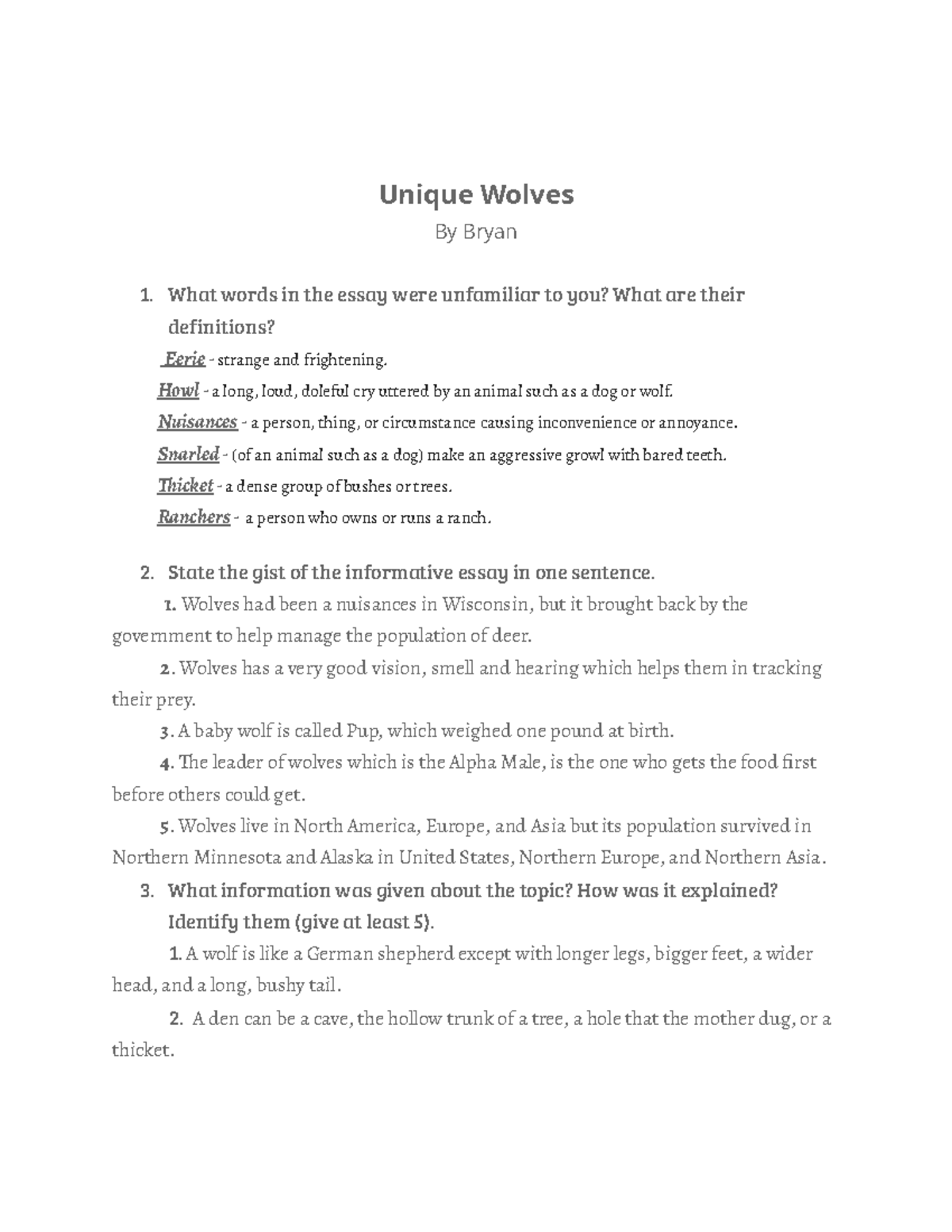 English 6 - LectureNotes - Unique Wolves By Bryan What words in the ...