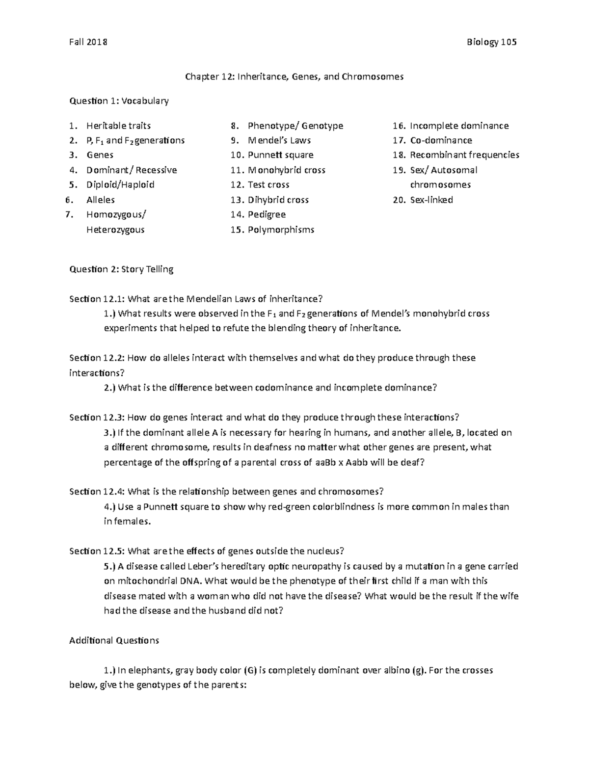 Chapter 12 Study Questions - Fall 2018 Biology 105 Chapter 12 ...