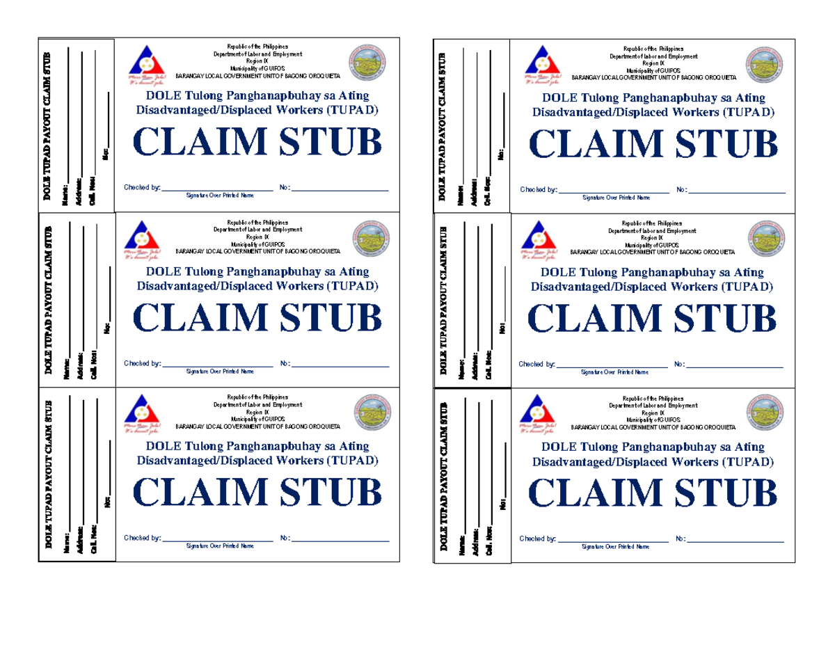 Tupad Claim STUB - HELLO - Republic of the Philippines Department of ...