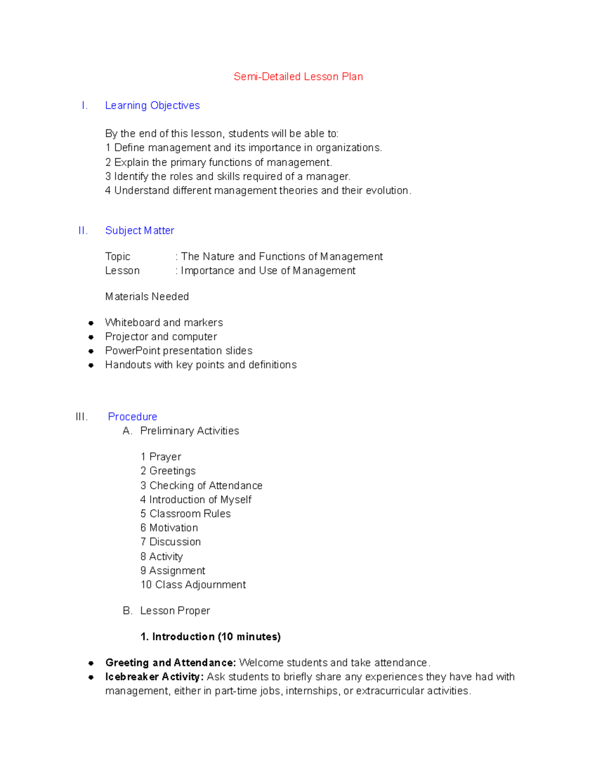 Untitled document - Lesson Plan - Semi-Detailed Lesson Plan I. Learning Objectives By the end of ...