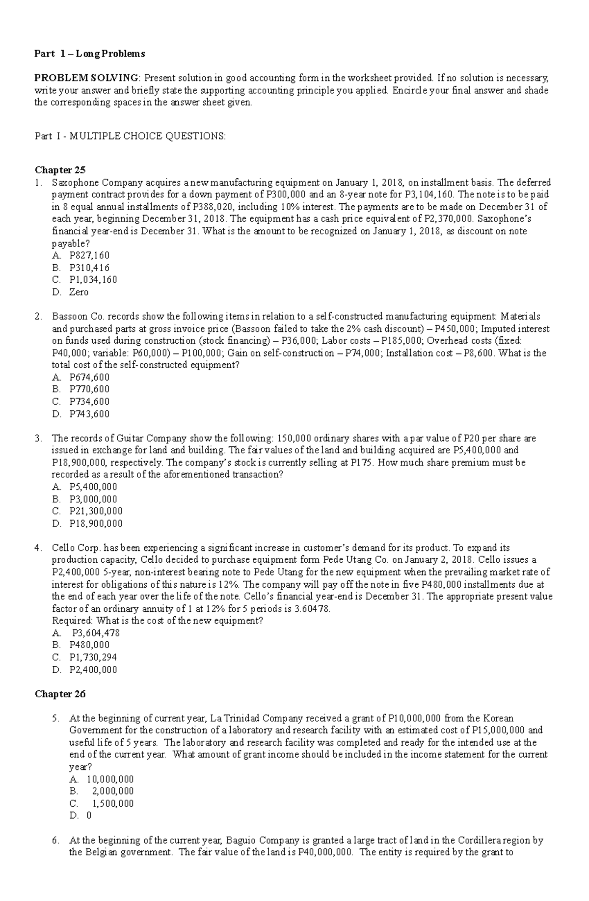Intermediate Accounting - PPE - Part 1 – Long Problems PROBLEM SOLVING ...