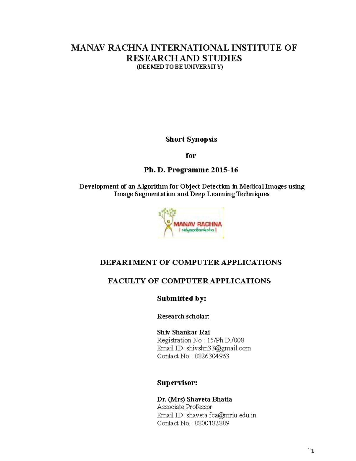 Shiv synopsis - MANAV RACHNA INTERNATIONAL INSTITUTE OF RESEARCH AND ...