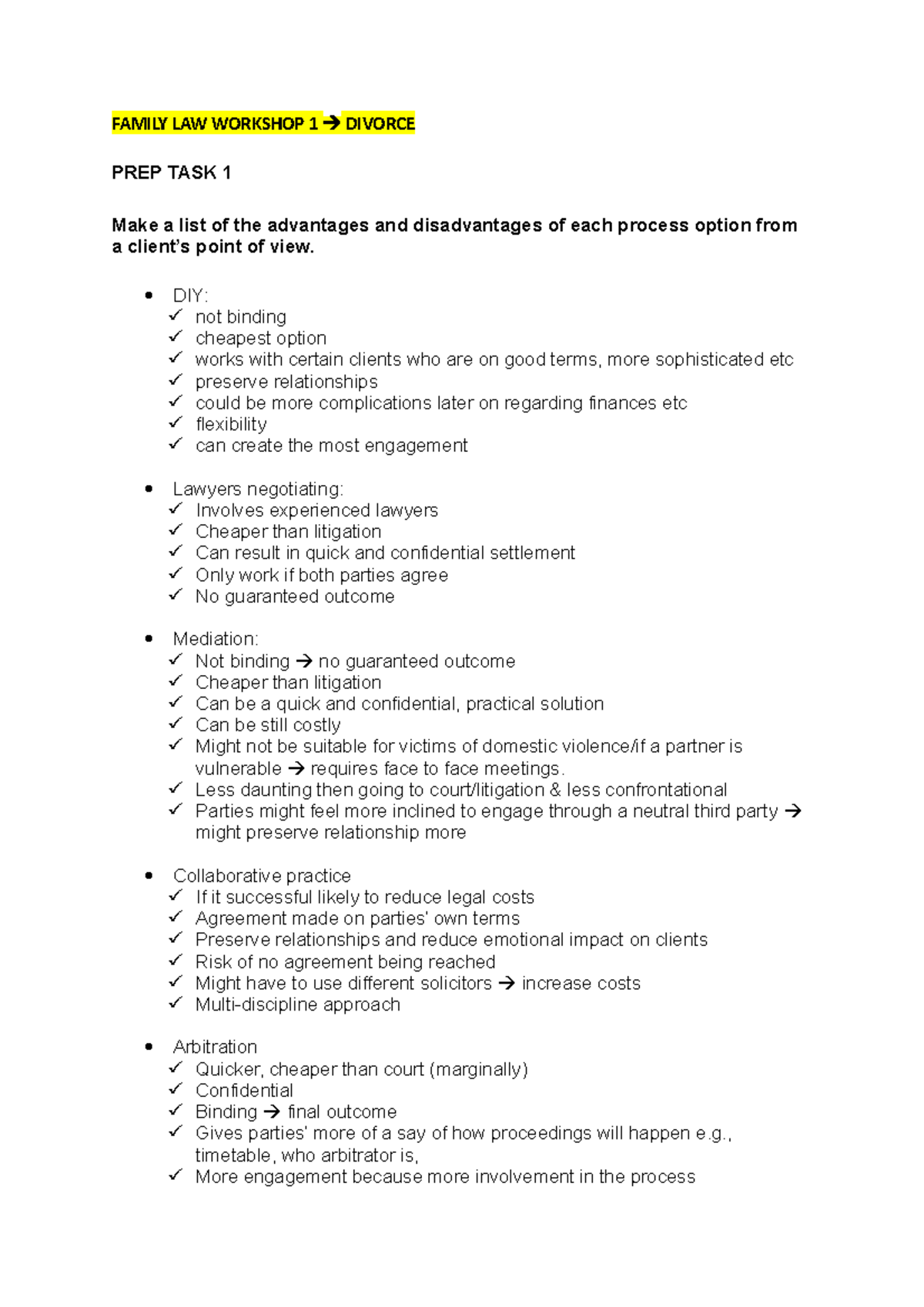 Workshop 1 - Divorce - FAMILY LAW WORKSHOP 1 DIVORCE PREP TASK 1 Make a ...