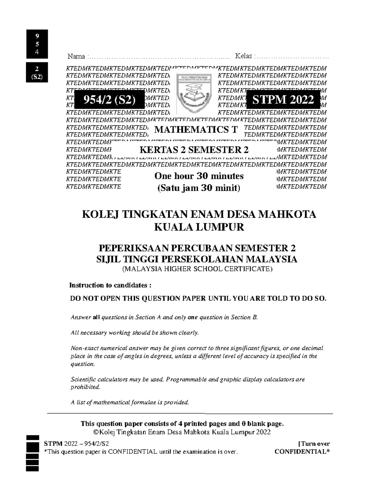 2022 2 KL Ktedm (Q) - STPM 2022 – 954/2/S2 [Turn over 9 5 4 2 (S2) Nama - Studocu