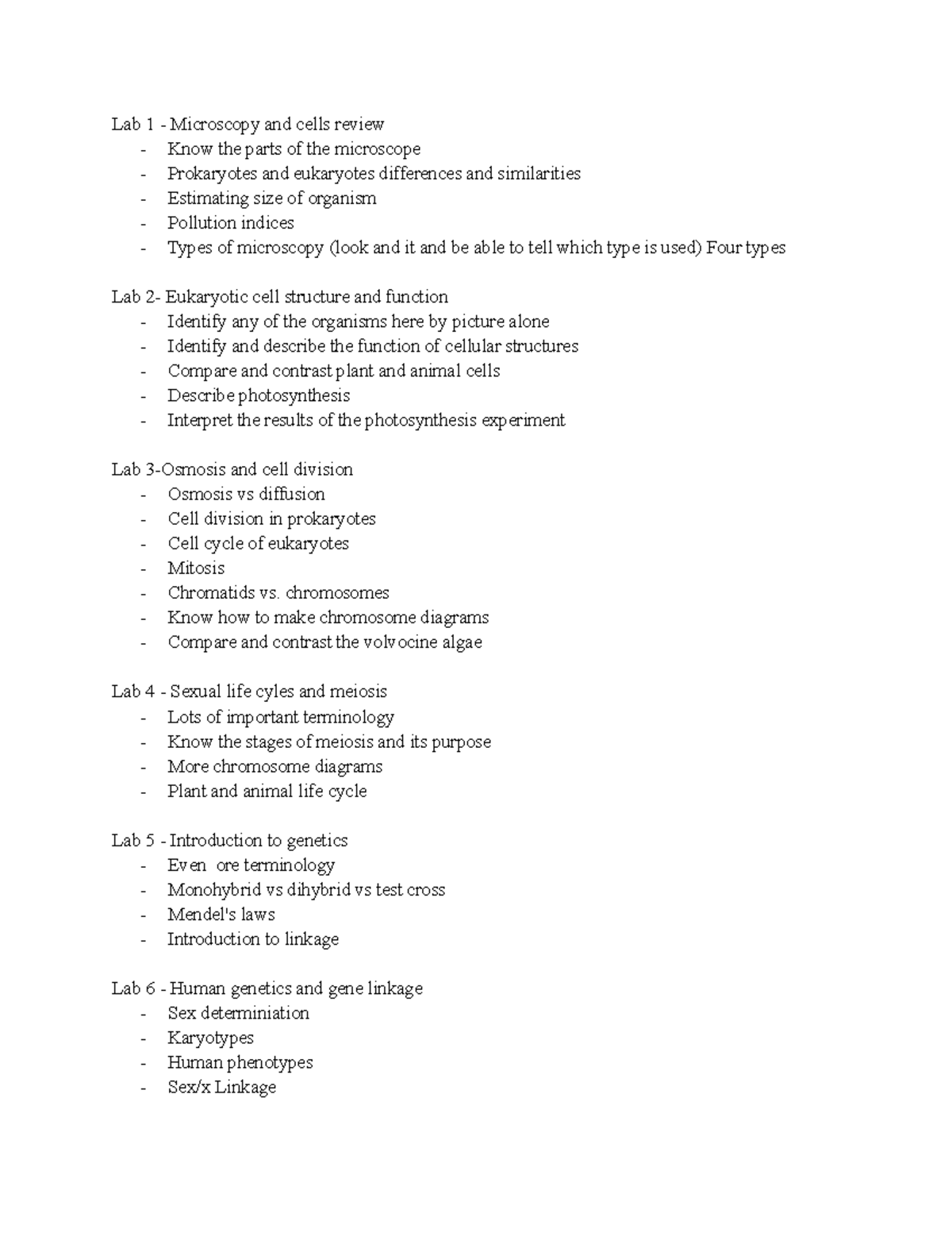 Biology review- Lab exam things to know - Lab 1 - Microscopy and cells ...