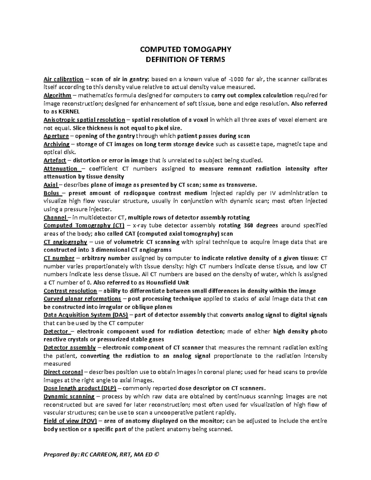 CT Definition OF Terms - CT Scan Radscie - Prepared By: RC CARREON, RRT ...