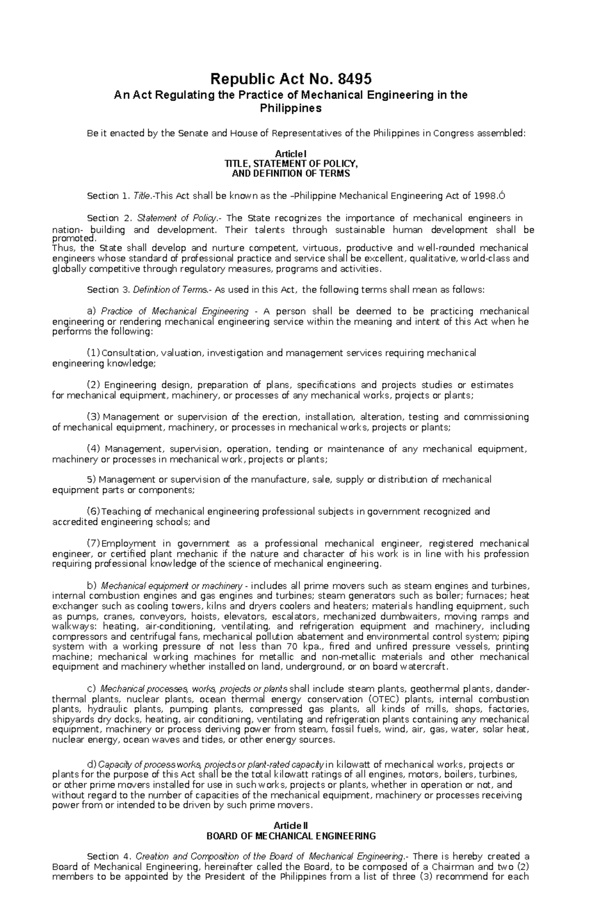 RA 8495 - A complete note for ME Laws - Republic Act No. 8495 An Act ...